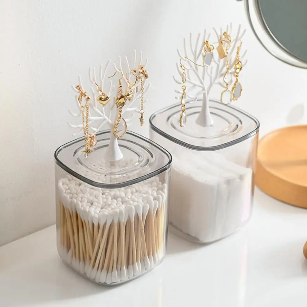 Clear Waterproof Cotton Swab Storage Box with Tree Shaped Jewelry Shel