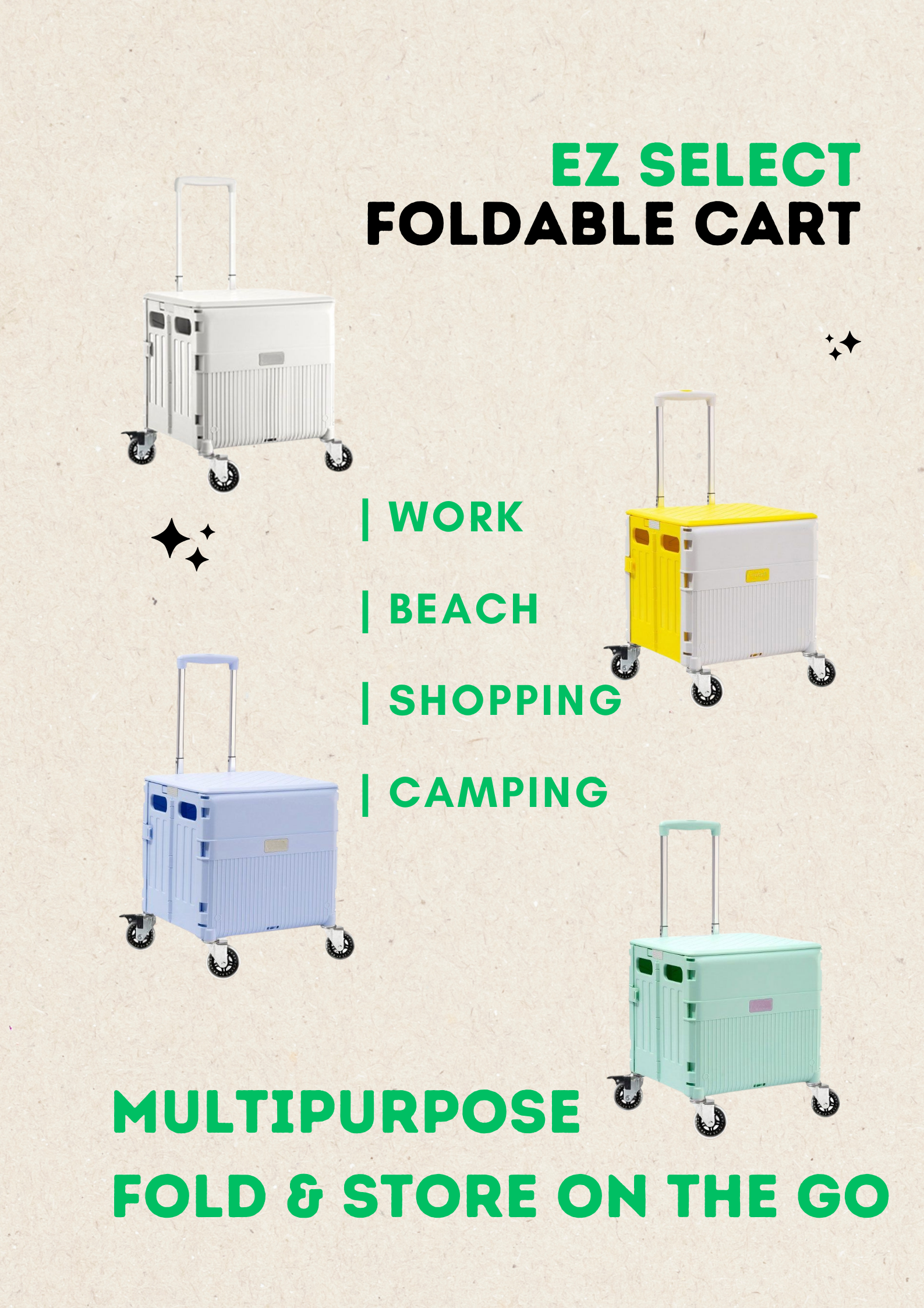 EZ SELECT Versatile Foldable Storage Cart with Magnetic Lid and Wheels