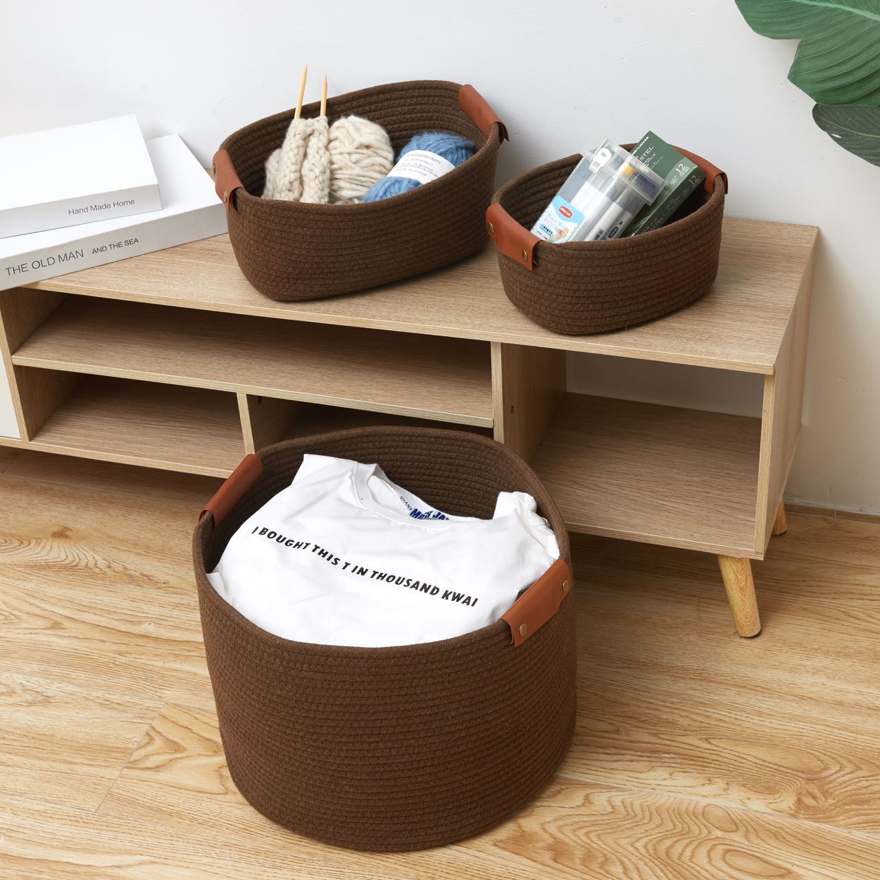 Set of 3 Cotton Thread Rope Handmade Storage Basket Home Storage Organ